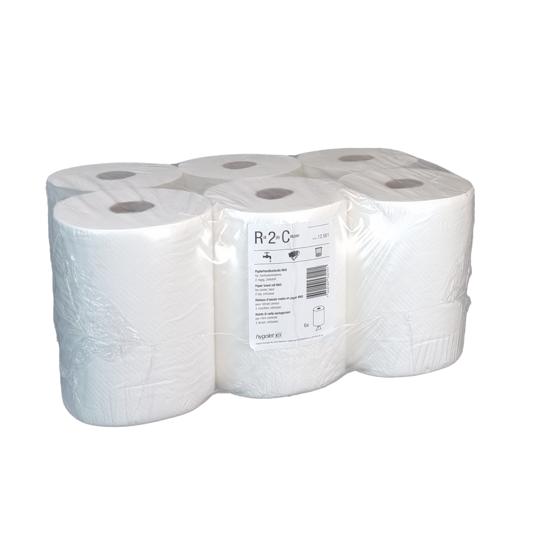 Papierrolle Midi, 2-lagig, 130 m, Zellstoff, 6 Rollen | hygolet.eu